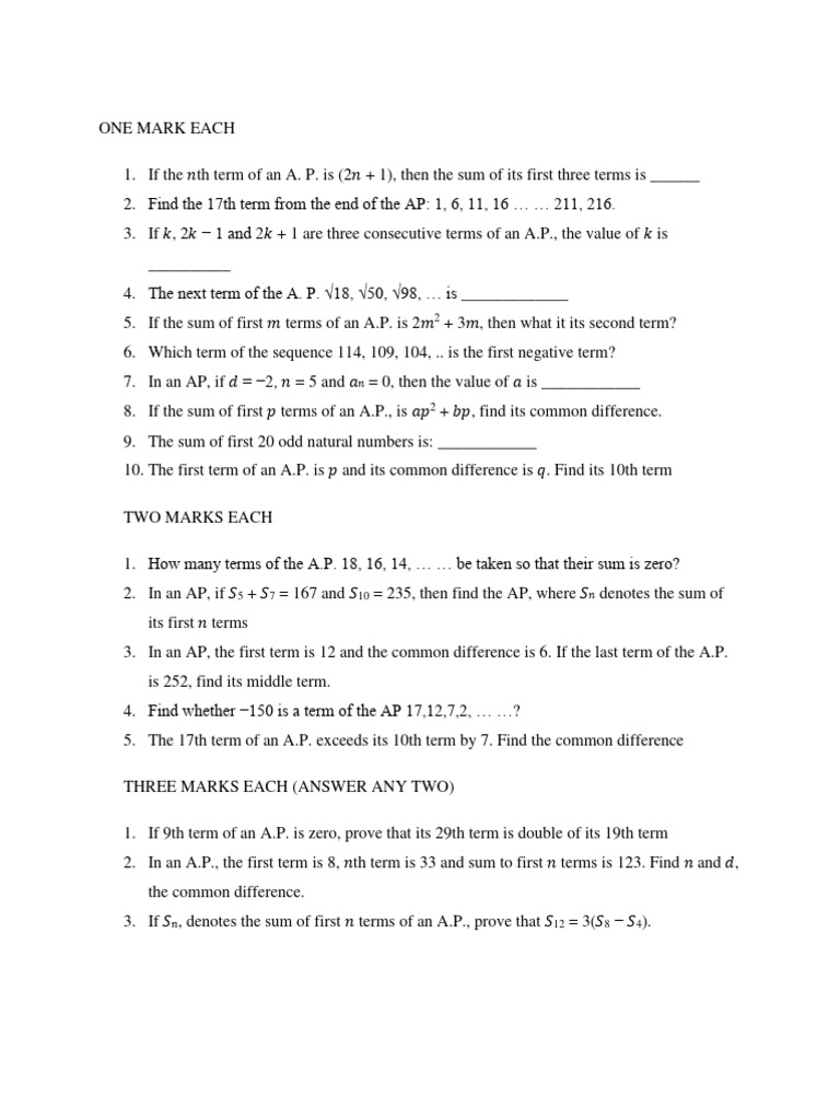 Class 10th Arithmetic Progressions Question Paper | PDF