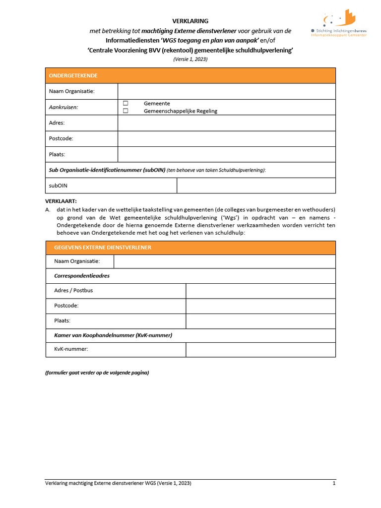 Verklaring Machtiging Externe Dienstverlener WGS (Versie 1, 2023) | PDF