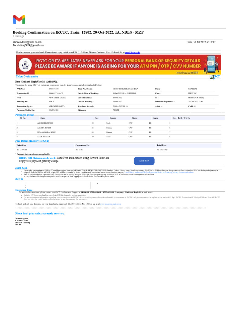 Gmail - Booking Confirmation On IRCTC, Train - 12334, 03-Dec-2022, 3A ...