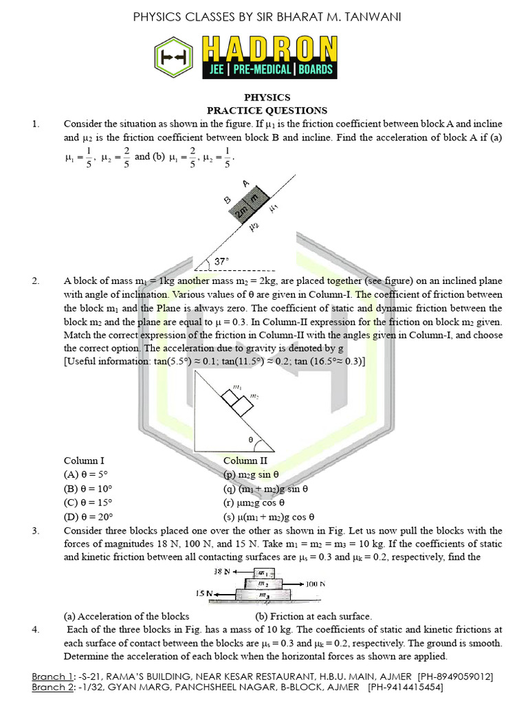 Three Blocks and Two Blocks On Inclined Plane Problems | Download Free PDF | Friction | Force