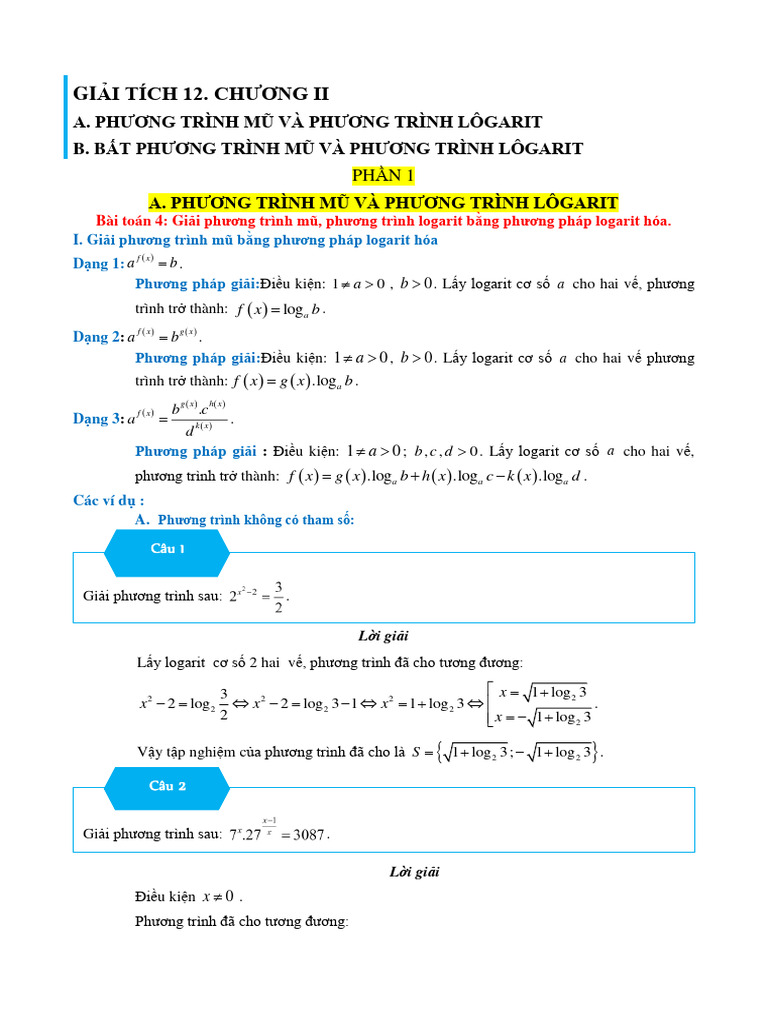 GIẢI PHƯƠNG TRÌNH MŨ VÀ LOGARIT BẰNG PHƯƠNG PHÁP LOGARIT HÓA | PDF