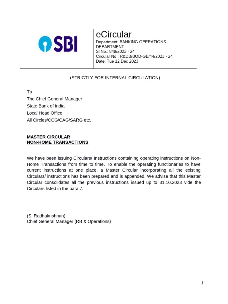 Master Circular On Non Home Transactions Updated Till 31.10.2023 | PDF