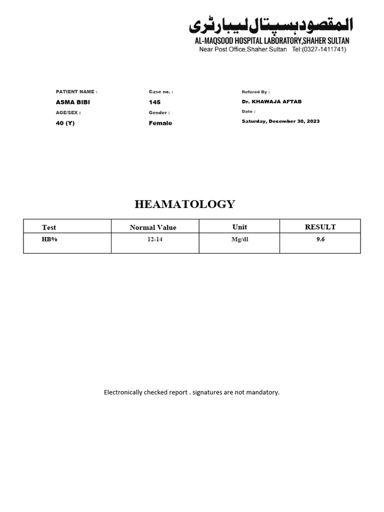 Hematology Test Results for Asma Bibi | PDF