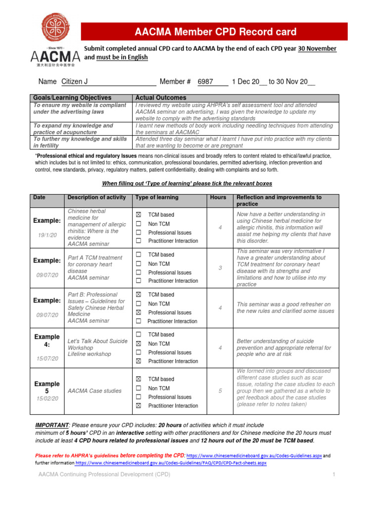 AACMA CPD Record Card - Blank | PDF