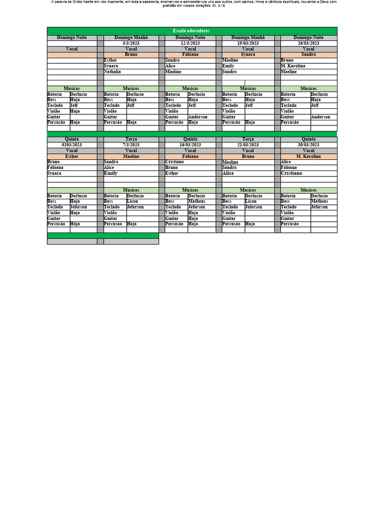 Planilha Escala de Louvor | PDF