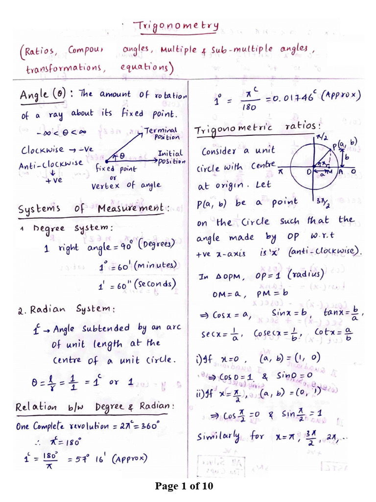 Math - Trigonometry Short Notes | PDF