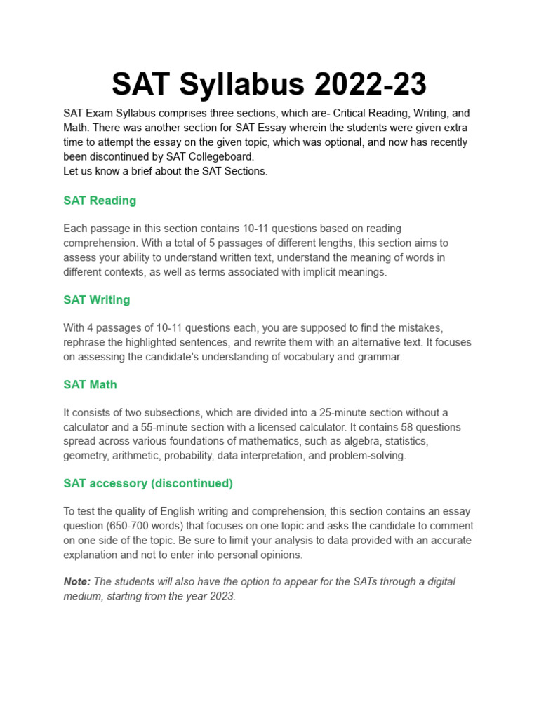 SAT Syllabus 2022-23 | PDF