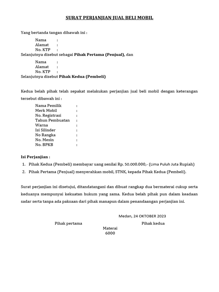 Surat Perjanjian Jual Beli Mobil | PDF