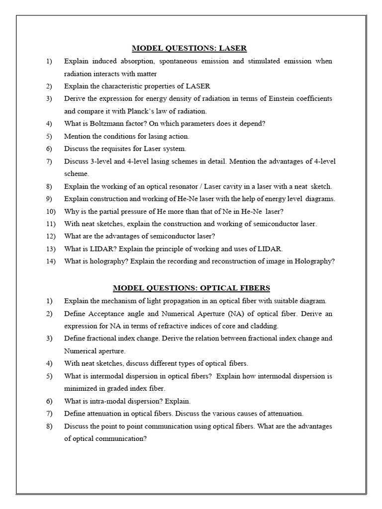 Laser and Optical Fiber Exam Questions | PDF | Laser | Optical Fiber