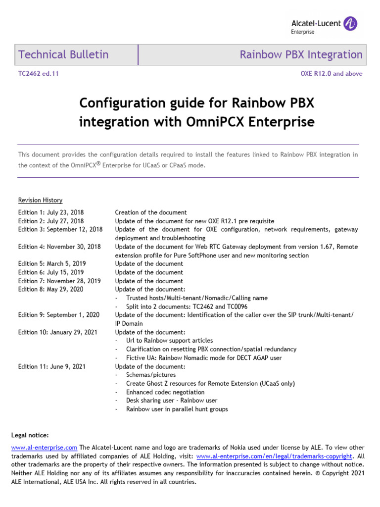 TC2462en-Ed11 Configuration Guide For Rainbow PBX Integration With OmniPCX Enterprise | PDF