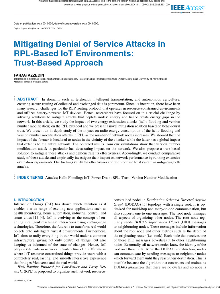 IoT RPL DoS Mitigation Strategy | PDF | Routing | Internet Of Things