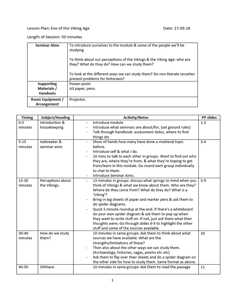 Lesson Plan Week 1 The Eve of The Viking Age | PDF | Vikings