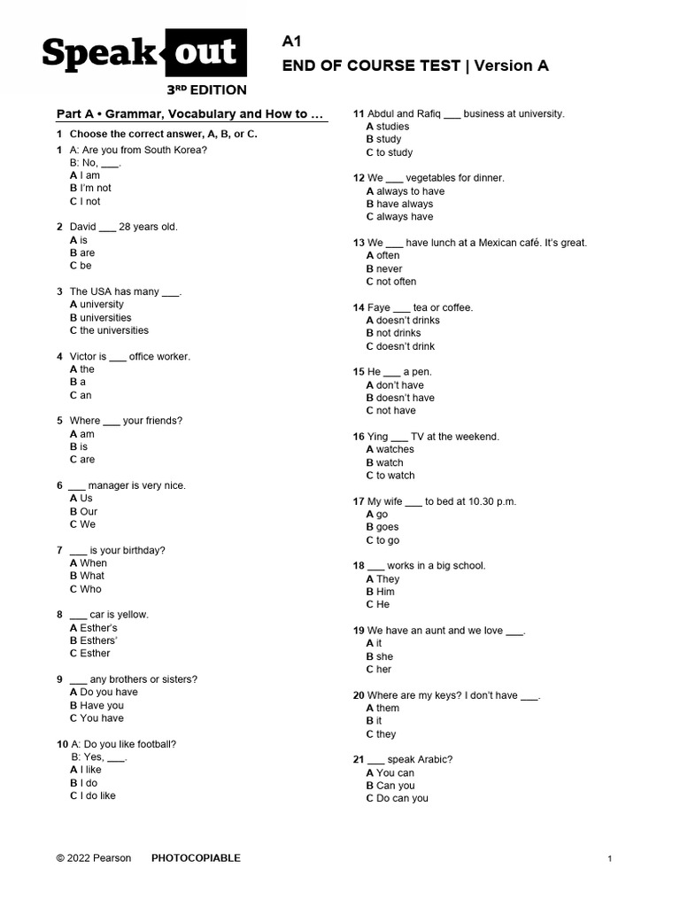 A1 End of Course Test: Grammar & Vocabulary | PDF | Cuisine | Food And ...