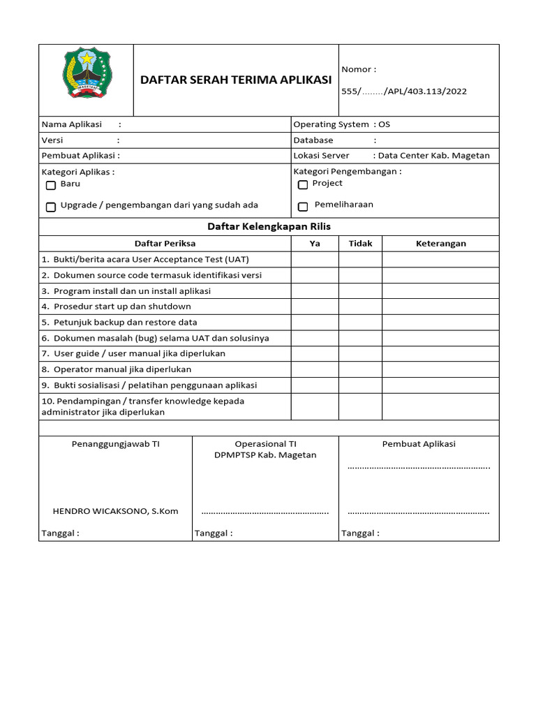 Daftar Serah Terima Aplikasi TI Magetan | PDF