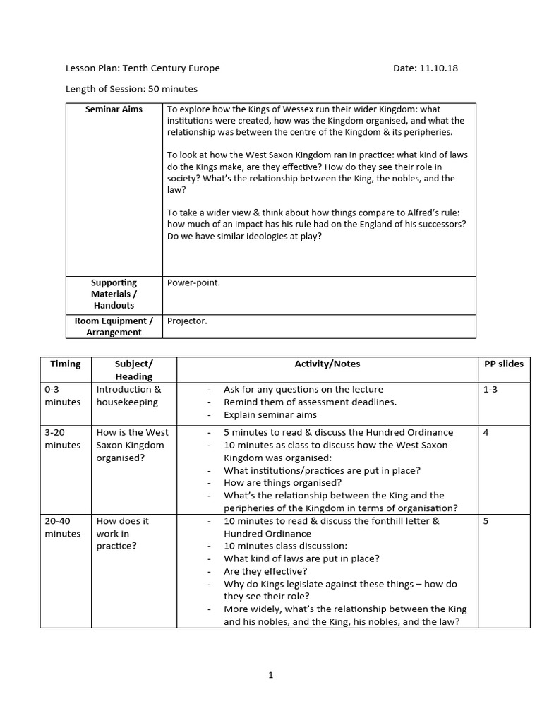 Lesson Plan Week 3 10th Century Europe | PDF | Anglo Saxons | Wessex