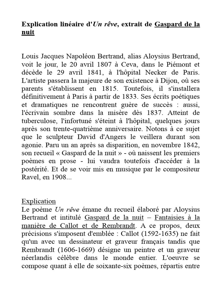 Explication Lineaire D - Un Reve - D-Aloysius Bertrand | PDF | Art | Poésie