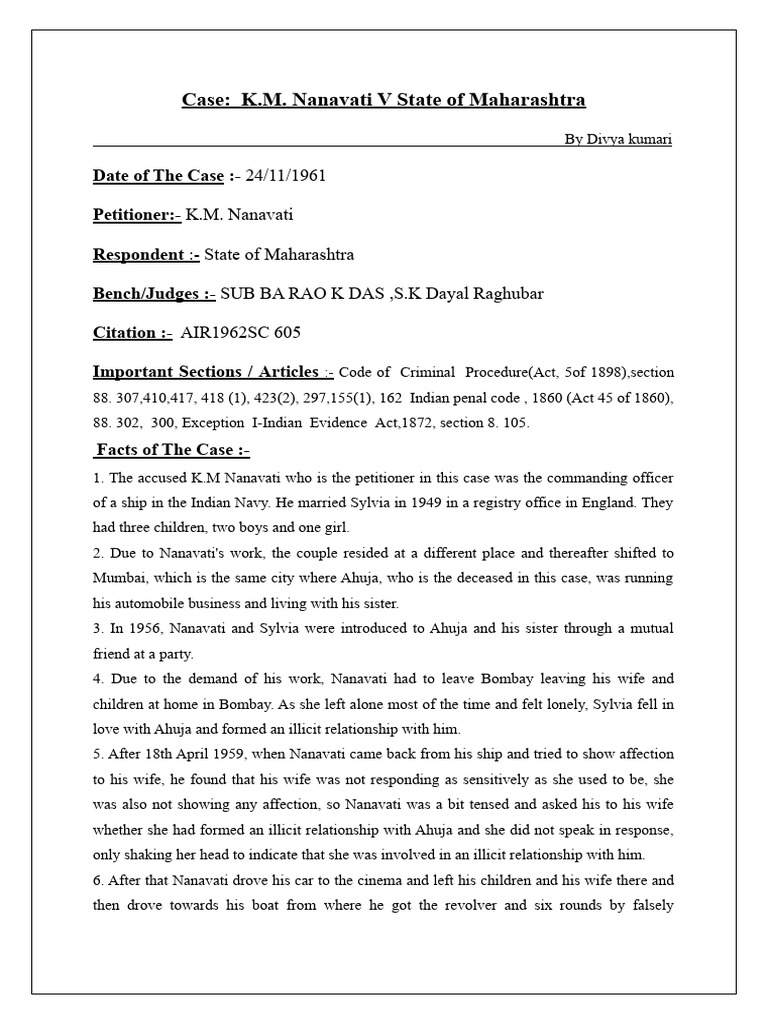 Case KM Nanavati Vs State of Maharashtra Case Analysis | PDF | Criminal ...