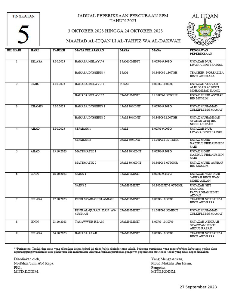Jadual Peperiksaan Percubaan SPM | PDF