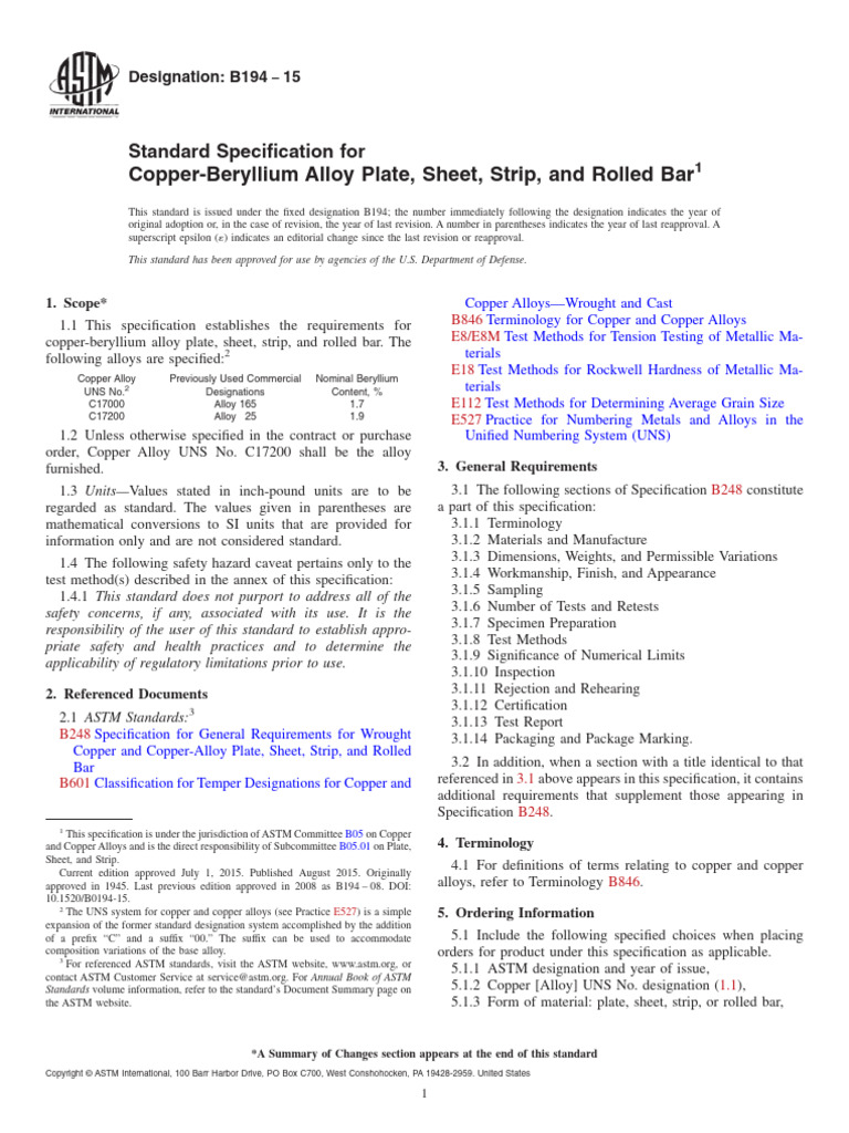 Copper-Beryllium Alloy Plate, Sheet, Strip, and Rolled Bar: Standard Specification For | PDF ...