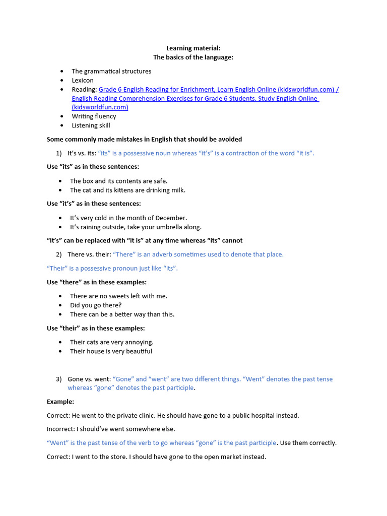 English Check List - Grade 6 | PDF