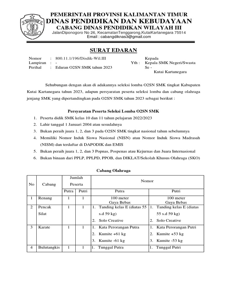 Surat Edaran O2sn SMK 2023 Neww | PDF