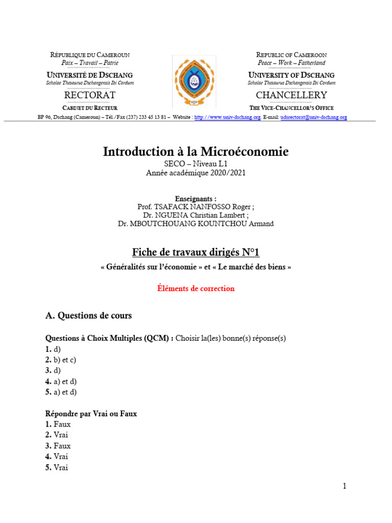 Corrigé Fiche TD N°1 - Micro L1 UDS - 2021 | PDF