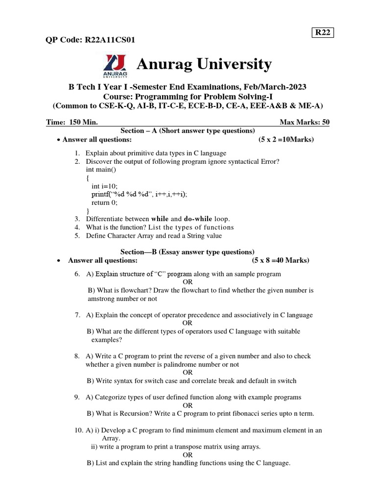 Programming For Problem Solving I Set I Cse K Q Ai B It C E Ece