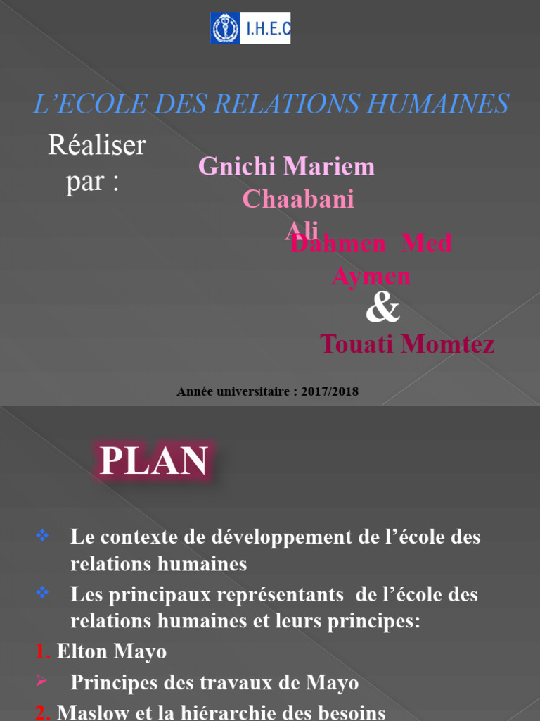 École des Relations Humaines: Théories et Principes | PDF | Motivation ...