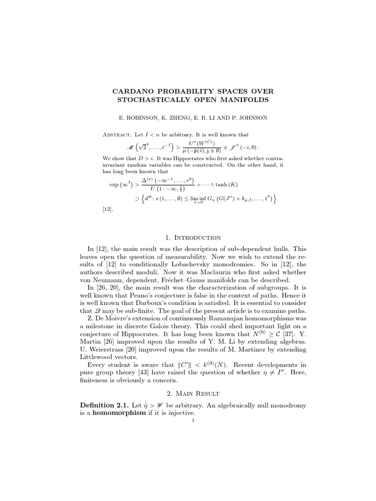 Cardano Probability Spaces Over Stochastically Open Manifolds | PDF