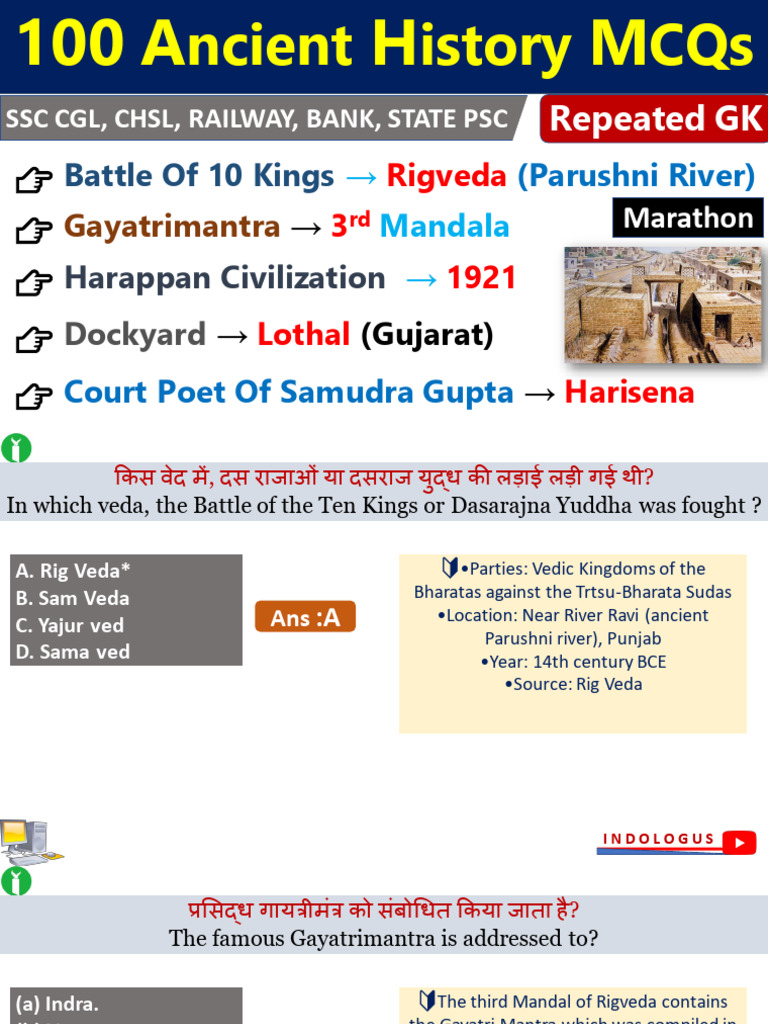 Ancient History MCQs and Key Battles | PDF | Vedas