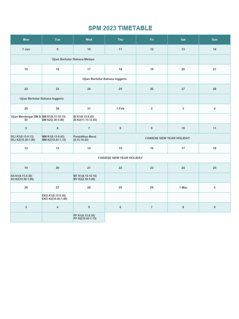 SPM 2023 Timetable | PDF