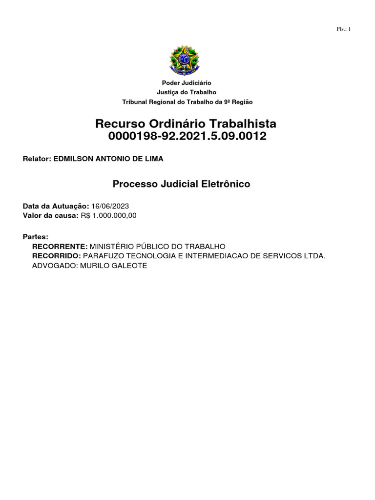 Acordao - TRT9 .PARAFUZO - ACP .Incompetencia - Justica.Trabalho | PDF ...