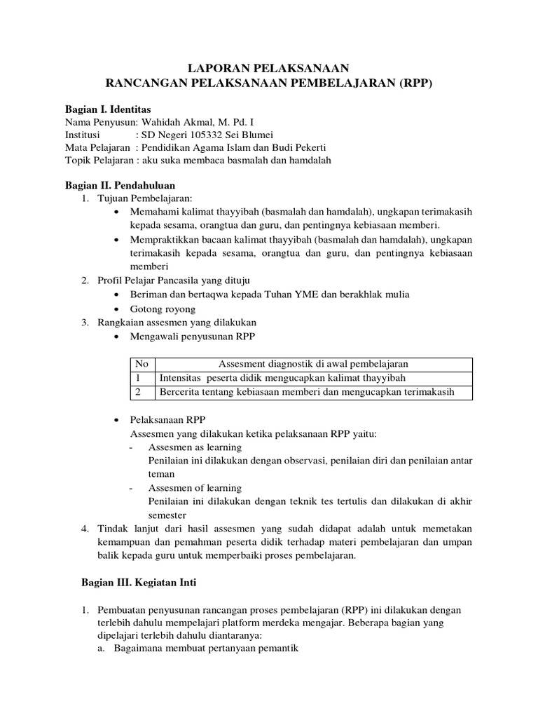 Laporan Pelaksanaan Rancangan Pelaksanaan Pembelajaran (RPP) | PDF