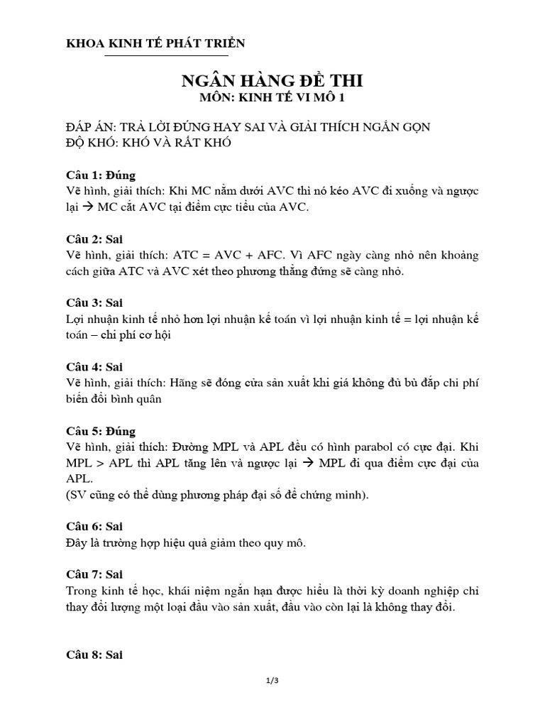 Ktpt Micro 1 Đáp Án đ s Giải Thích Khó Và Rất Khó 2020 | PDF