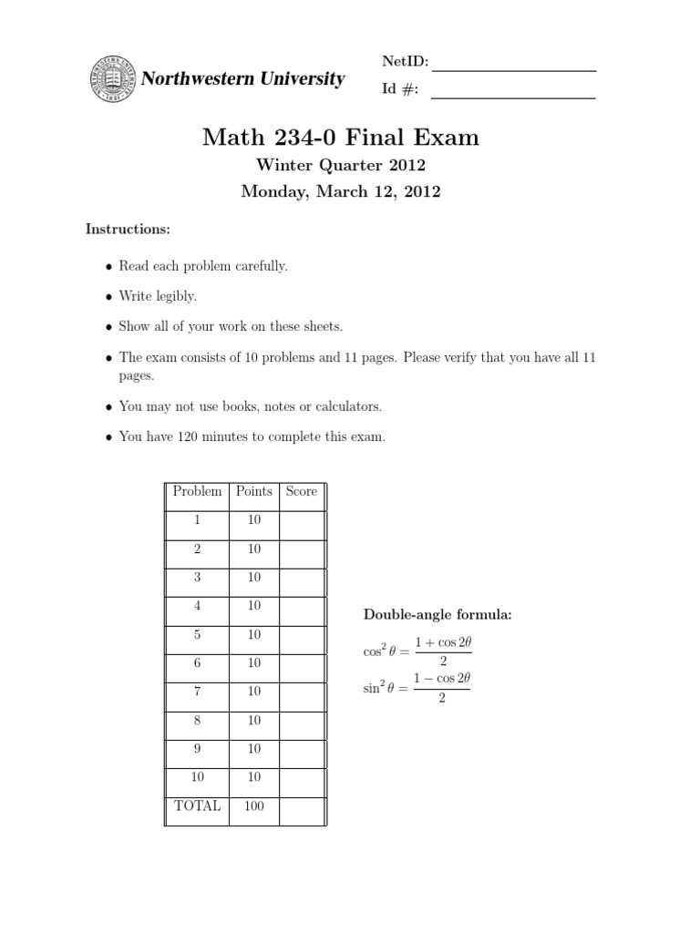 Math 234 Winter 2012 Final | PDF | Sphere | Integral