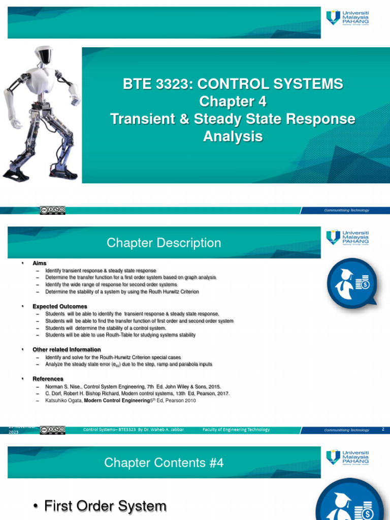 Bte3323 Control Systems Chapter 4 Transient Steady State Response