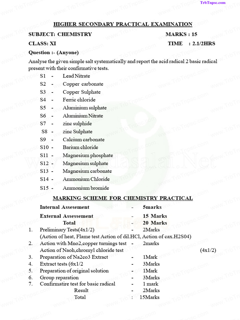 Class 11 Chemistry Practical Exam Guide | PDF | Materials | Metals