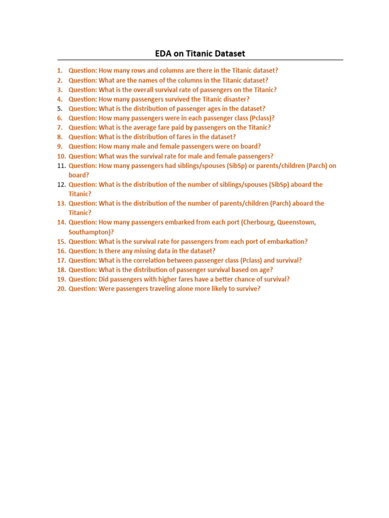 EDA-Titanic Dataset-QUESTIONS | PDF EDA-Titanic Dataset-QUESTIONS | PDF