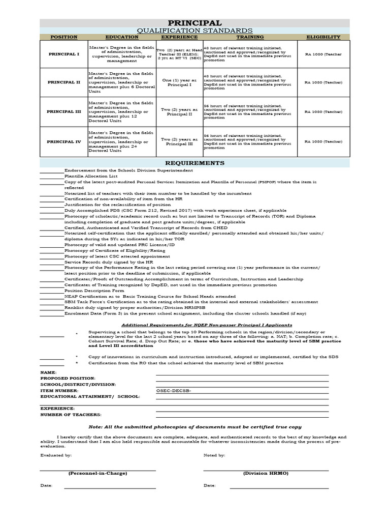 2023 PRINCIPAL Checkist of Requirements | PDF