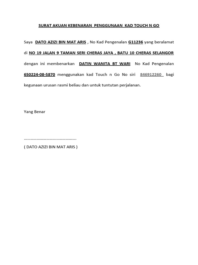 Surat Akuan Kebenaran Penggunaan Kad Touch N Go | PDF