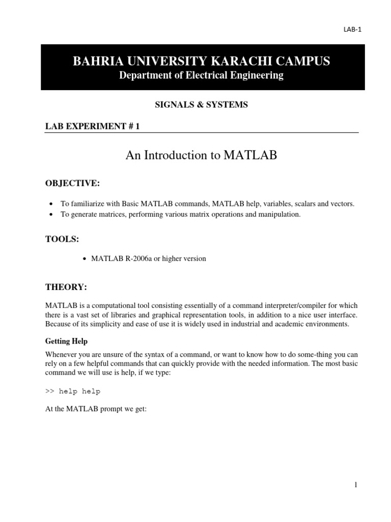 Bahria University Karachi Campus: An Introduction To MATLAB | PDF | Matlab | Matrix (Mathematics)