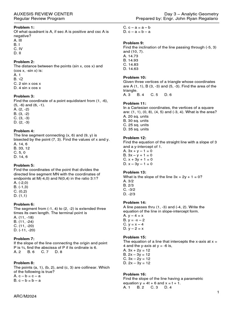 Analytic Geometry Review Problems | PDF