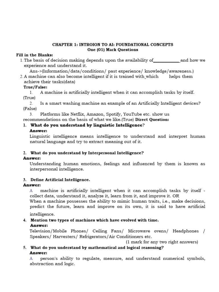 Question Bank Artificial Intelligence Class 10 - 0 | PDF