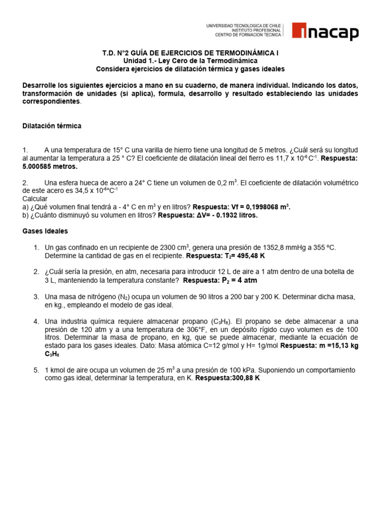 Termo I 4 T.D. N°2 Guía de Ejercicios Dilatación Térmica y Gases | PDF | Tecnología