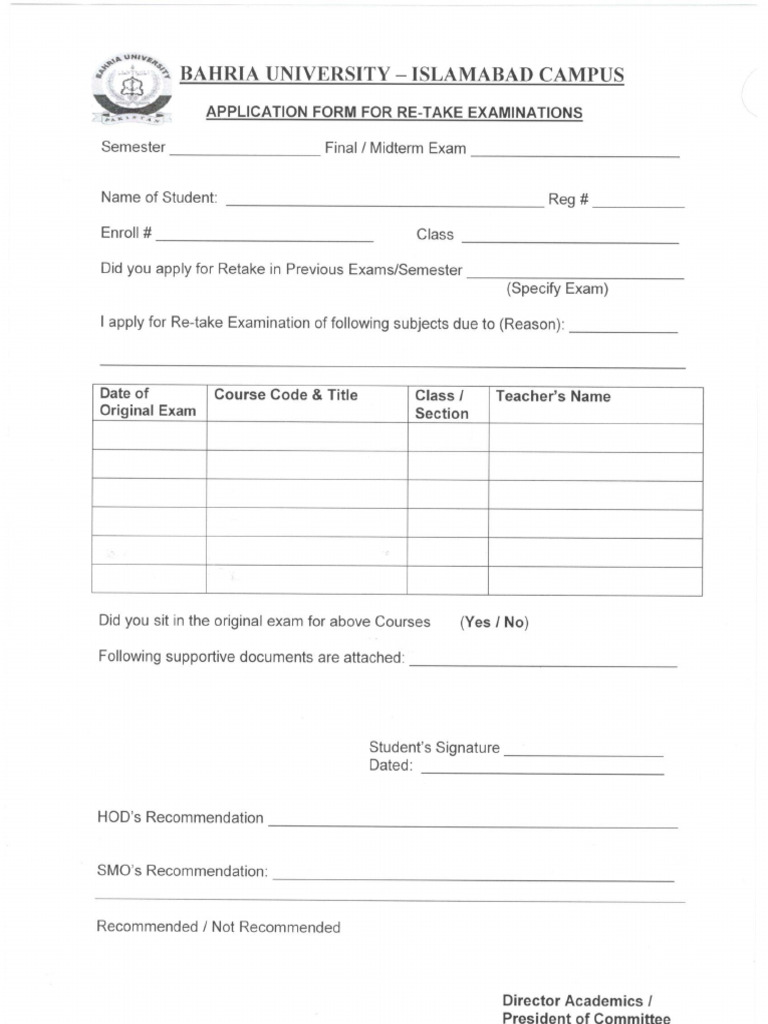 Application Form For Retake Examinations | PDF