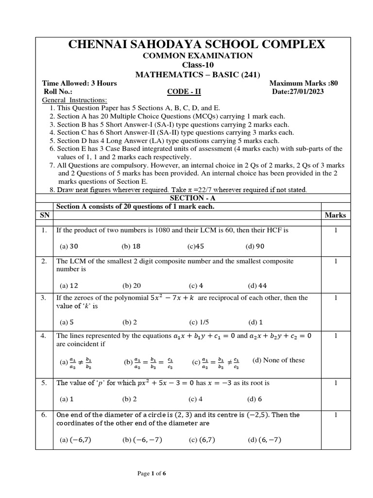 STD.X Maths Basic QP Code 2 | PDF | Circle | Euclid