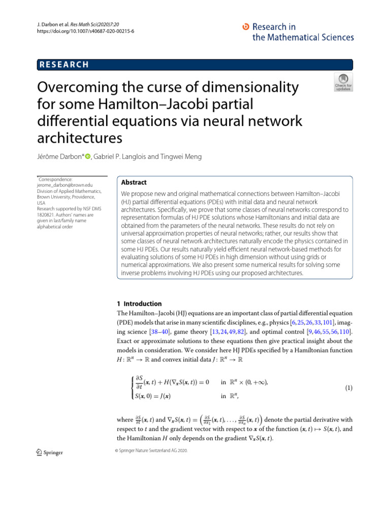 Darbon - Overcoming The Curse of Dimensionality For Some Hamilton-Jacobi Pde Via NN | PDF ...