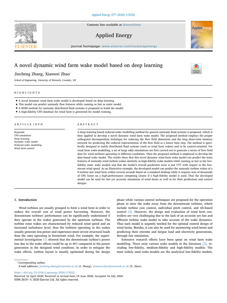 Zhang - A Novel Dynamic Wind Farm Wake Model Based On Deep Learning | PDF | Wind Turbine ...