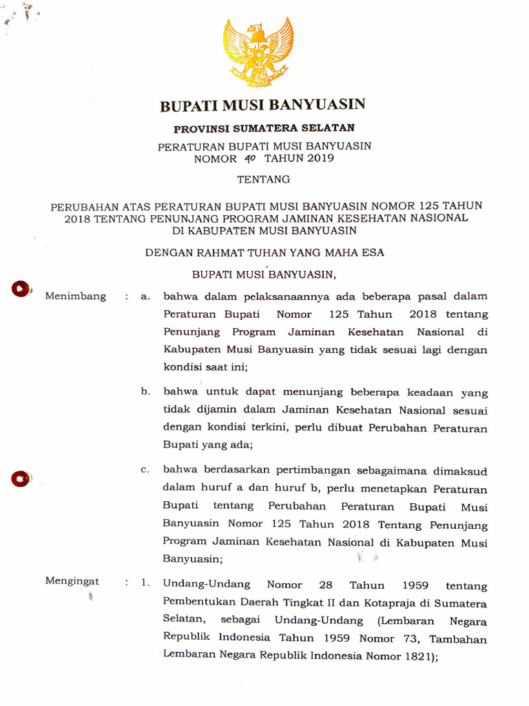 Perbup Muba No 40 TH 2019 Perubahan Dana Penunjang | PDF