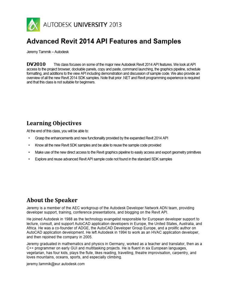 DV2010 Handout 2010 Dv2010 Advanced Revit 2014 API Handout | PDF